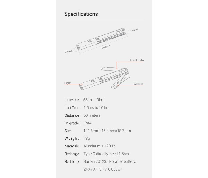 NexTool 3-in-1 Pen-shaped Flashlight Scissors Knife Tool N1 NE20026 Pocket Size Multitool